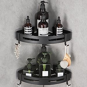 WPT Corner Shower Caddy, 2 Pack Adhesive Shower Corner Shelf, Shower Organizer Storage Wall Mounted No Drilling for Bathroom and Kitchen, Black