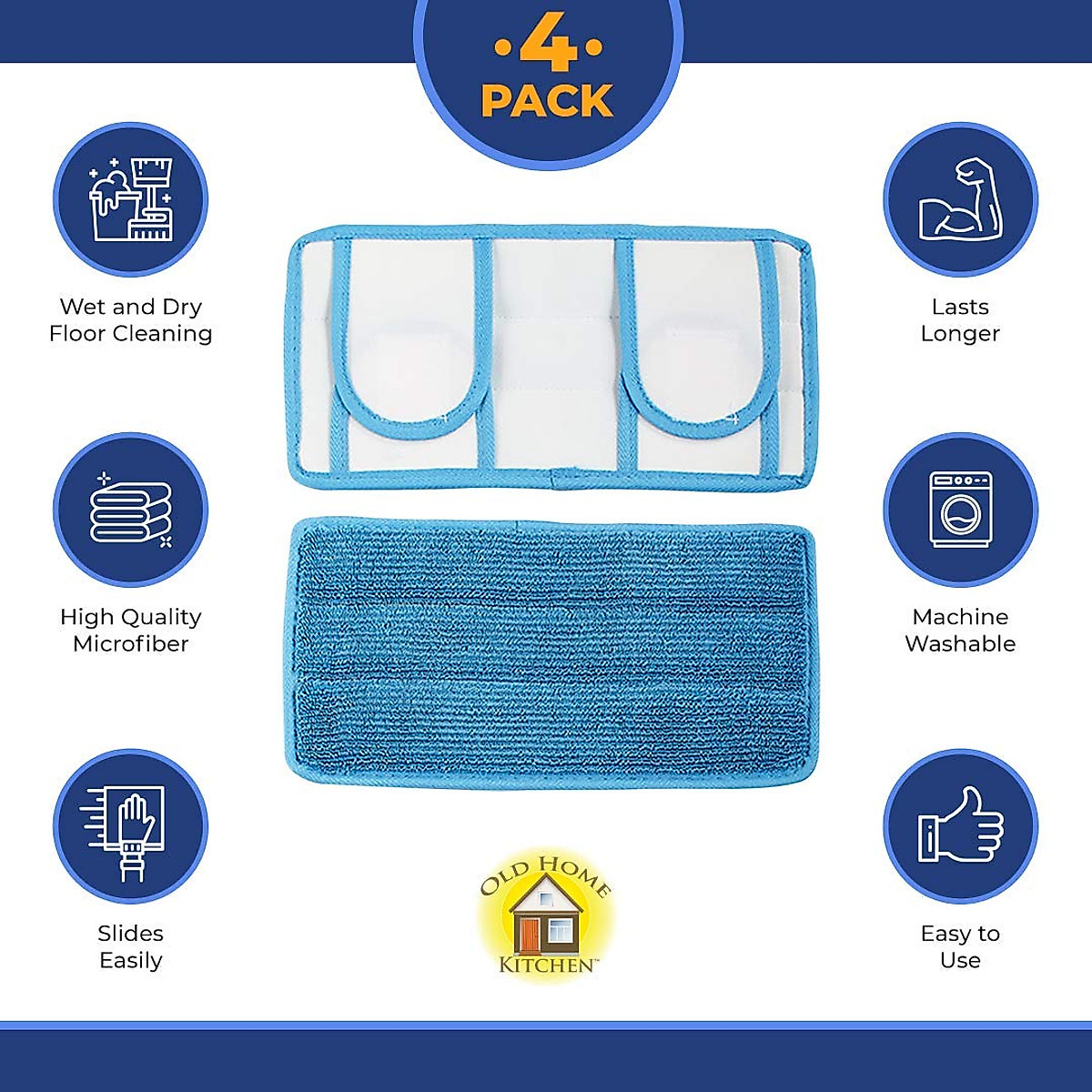 Microfiber Reusable Mop Pad | Durable Machine Washable Mop Pads | Reusable Floor Mop Pad | Swiffer Compatible Dry Mop Pads (4 Pack)