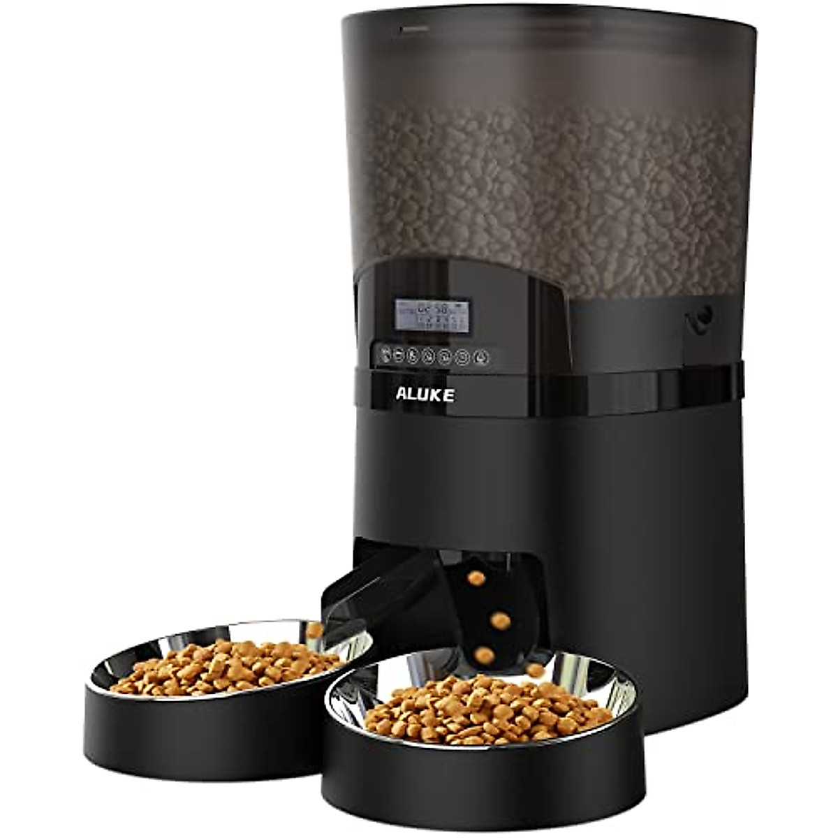 Automatic Cat Feeder for 2 Cats, ALUKE 6.5L Pet Feeder for Cats & Dogs Dry Food Dispenser with Desiccant Bag, Stainless Steel Bowls & Lock Lid, Dual Power Supply 10s Meal Call 6 Meals Per Day