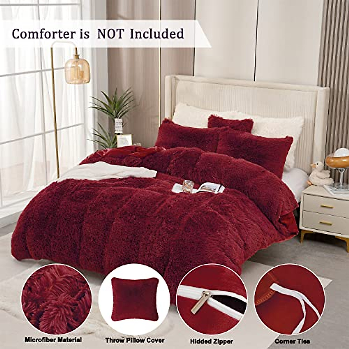 Dekoresyon Plush Duvet Cover Set, Luxury Ultra Soft Velvet Duvet Cover Set Fluffy Plush Shaggy Bedding Sets 4 Pieces (1 Duvet Cover + 2 Pillow Case + 1 Pillow Cover) Zipper Closure (Queen, Red)