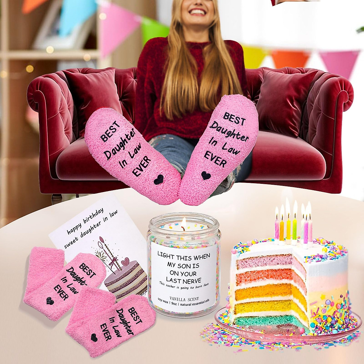 Daughter in Law Gift Baskets - Daughter in Law Gifts from Mother in Law - Daughter in Law Birthday Gifts - Mothers Day Gifts for Daughter in Law, Daughter in Law Birthday Candle, Card, Sock