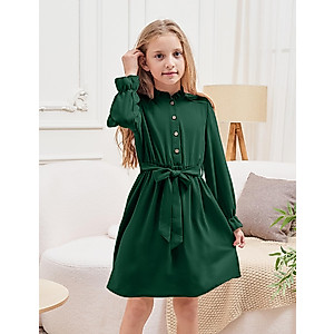 Glaoly Girls Dress Green Ruffle Collar Button-Down Long Sleeve Swing Girls Dresses Size 7-8