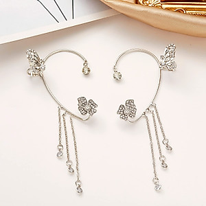 Butterfly Tassel Style Zircon Earrings Flowers Long Tassel Zircon Earrings Clips Charm No Piercing Ear Clip Jewelry for Women (Silver)
