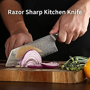 FXFSTEEL Damascus Chef Knife with Premium G10 Handle, 7.5 inch Japanese VG-10 Stainless Steel Santoku Knife Ultrasharp Cleaver for Vegetable Meat Cooking(Red)