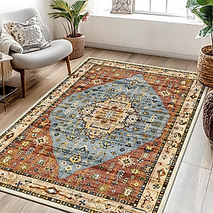 WITSHOCK Boho Area Rug Machine Washable Rugs for Living Room Bedroom Kitchen, 5x7 Area Rugs Kitchen Rugs Non Slip Washable Stain Low Pile Resistant Floor Carpet, Indoor Outdoor Rugs for Entryway, Red