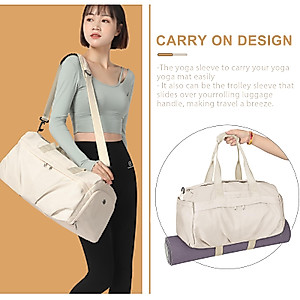 Gym Bag for Women Small Travel Duffle Bag with Shoe Compartment, Waterproof Weekender Overnight Sport Carry on Bag with yoga Mat Trolley Sleeve, Beige