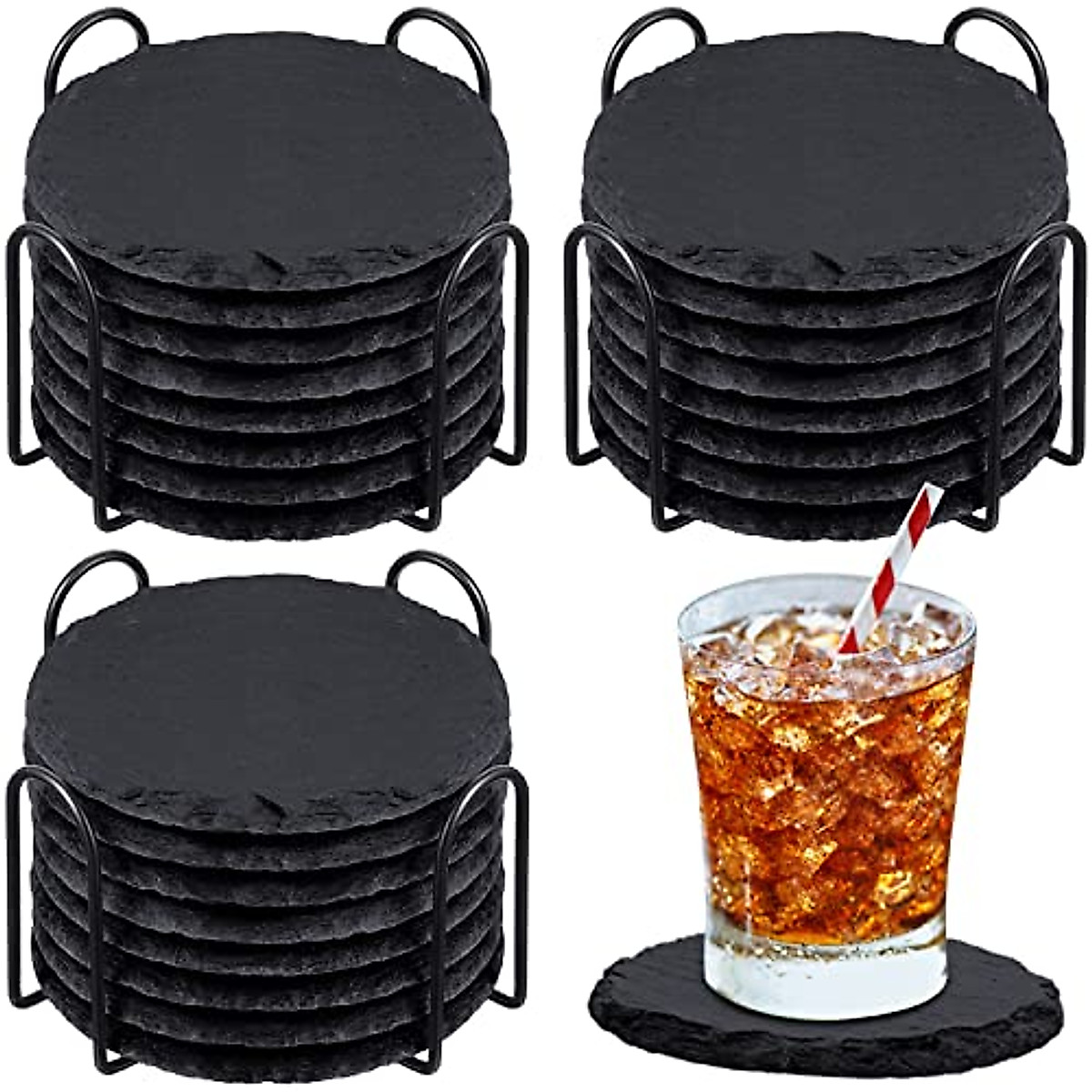 24 Pieces Black Slate Coasters with Holder Round Stone Coasters for Drinks 4 Inch Rustic Handmade Bar Coasters Set with Anti Scratch Bottom for Coffee Table Kitchen Home
