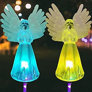 Solar Angel Lights Outdoor Decorative - Family LED Discoloration Lantern Garden Courtyard Lawn Housewarming Gift Grave Cemetery Decorations Path Lights 2pcs