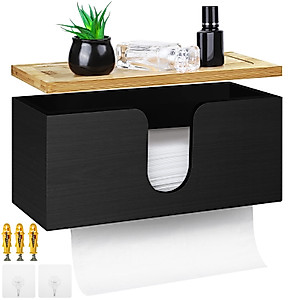 TURSTIN Wood Paper Towel Dispenser Folded Paper Towel Holder with Lid for Countertop and Wall Mounted, Wall Mount Paper Towel Holder Napkin Holder for Home. Bathroom, Kitchen, Black