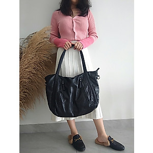 Extra Large Purses for Women Oversized Slouchy Bag Black Handbag Women Multi-pockets Hobo Tote Soft Faux Leather Braided Shoulder Pocketbooks-Black