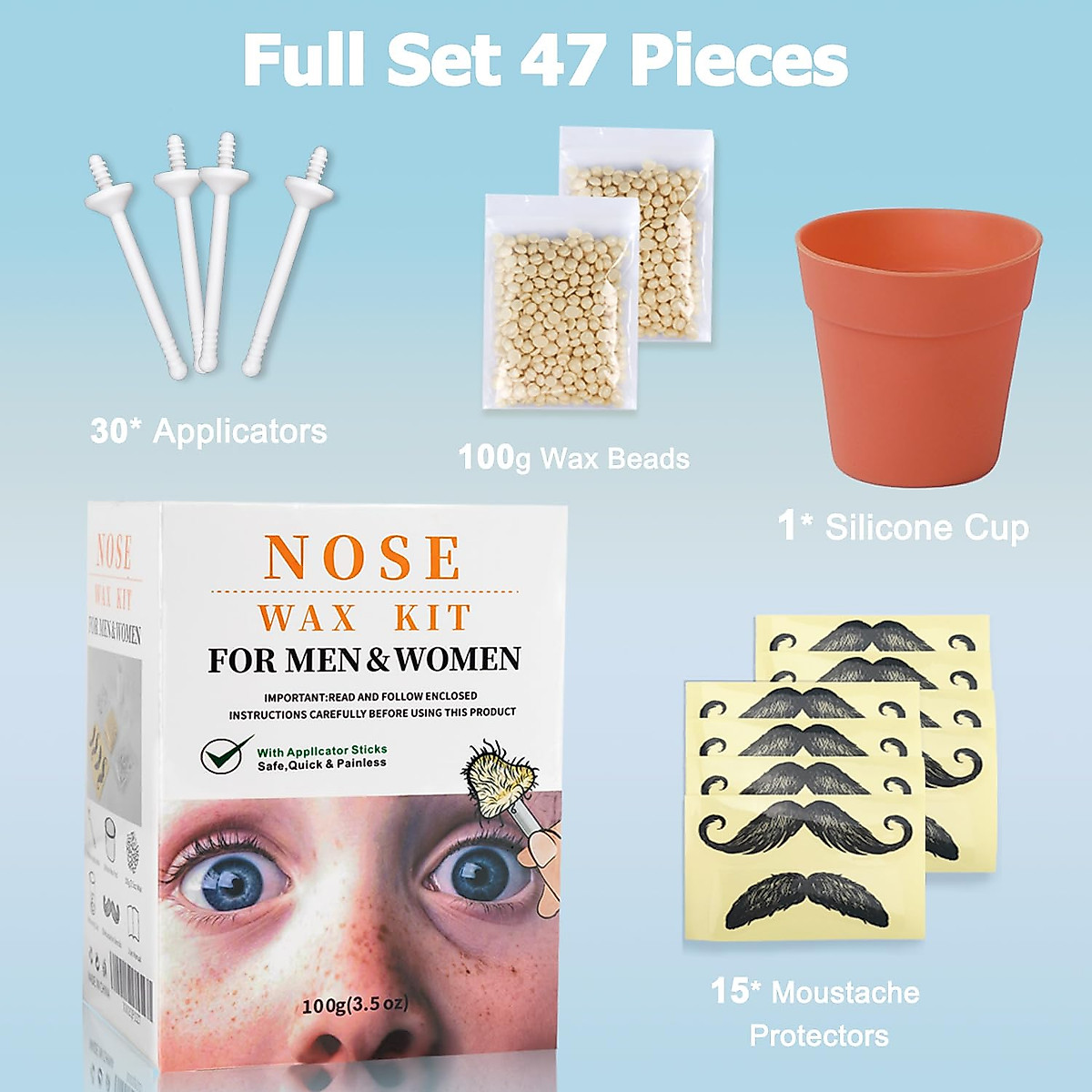Nose Wax Hair Removal Kit by CoFashion | 100g Wax, 30 Applicators (15-30 Uses) | Painless, Quick & Easy for Men | 15 Mustache Guards, 1 Silicone Cup