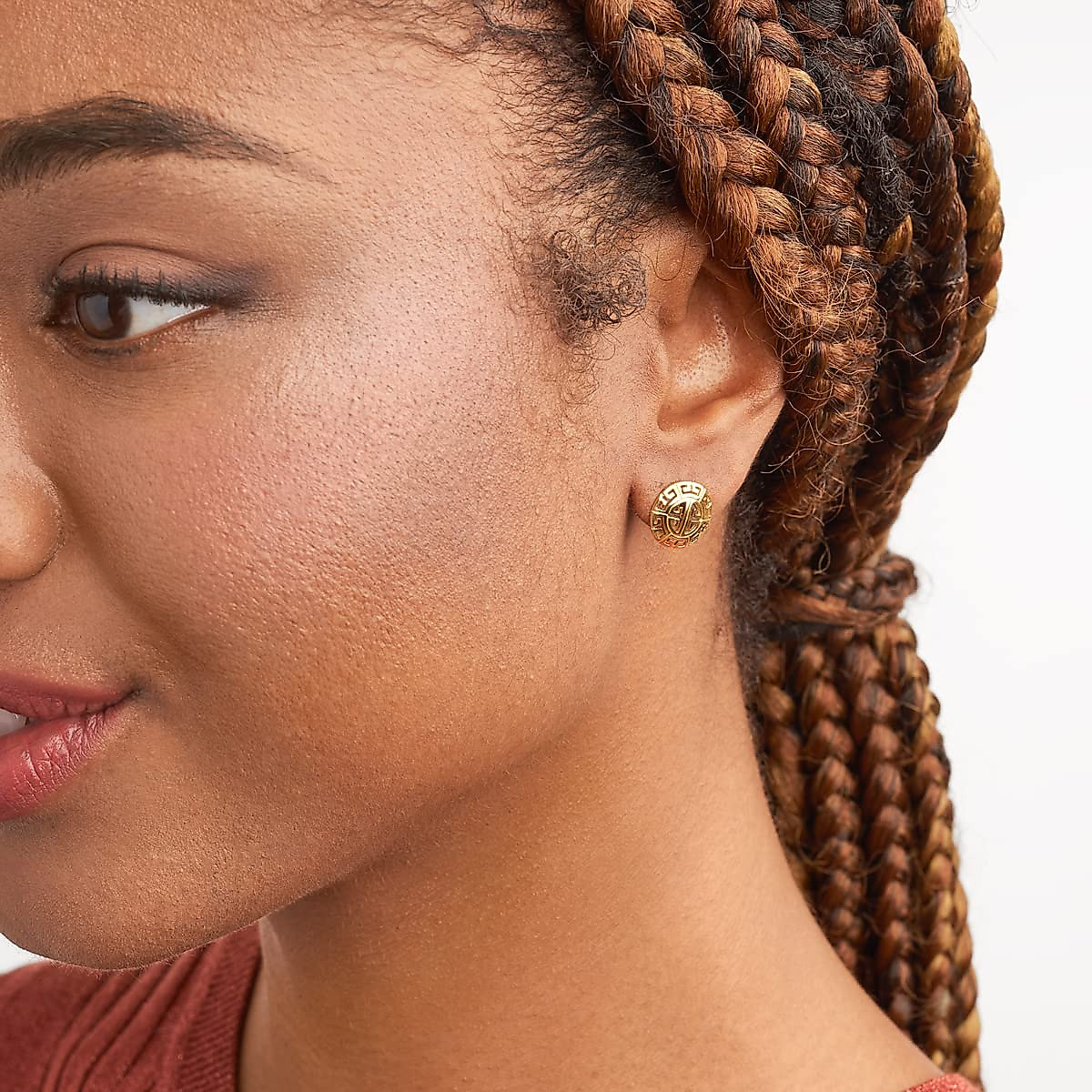 MORGAN & PAIGE Sterling Silver Greek Earrings, Greco Design Gold Stud Earrings with Laser-Cut Detailing, 18K Gold Plated Circle Earrings, Greek Jewelry Gifts for Women