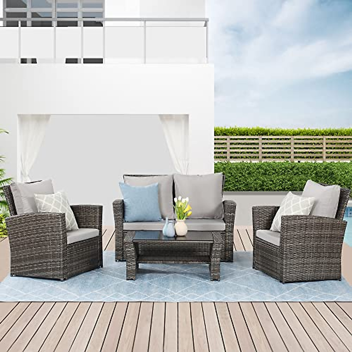 Wisteria Lane 4 Piece Outdoor Patio Furniture Sets, Wicker Conversation Set for Porch Deck, Gray Rattan Sofa Chair with Cushion