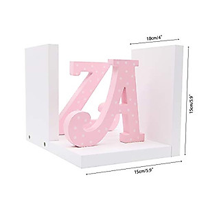 Apol Creative Pink and White Dots A-Z Letter Wood Bookends Book Ends Book Organizers Bookshelf for Kids Study Gift School Office Library Home Desk Decoration