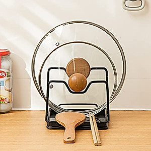 Elvaesther Pot Lid Holder, Lid and Spoon Rest Rack with Drip Tray for Pot Lids, Countertop Storage Rack, Cutting Board Rack for Spatula Spoon Pot Cover Chopping Board Black