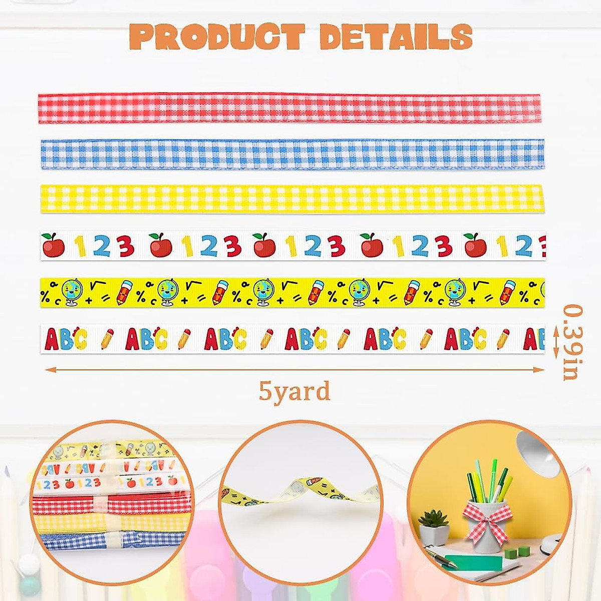 Hying 6 PCS Welcome Back to School Ribbons, 3/8" Width School Themed Grosgrain Ribbons Red Yellow Buffalo Plaid Ribbon ABC Pencils Craft Ribbons for Gift Wrapping DIY Teacher Appreciation Supplies