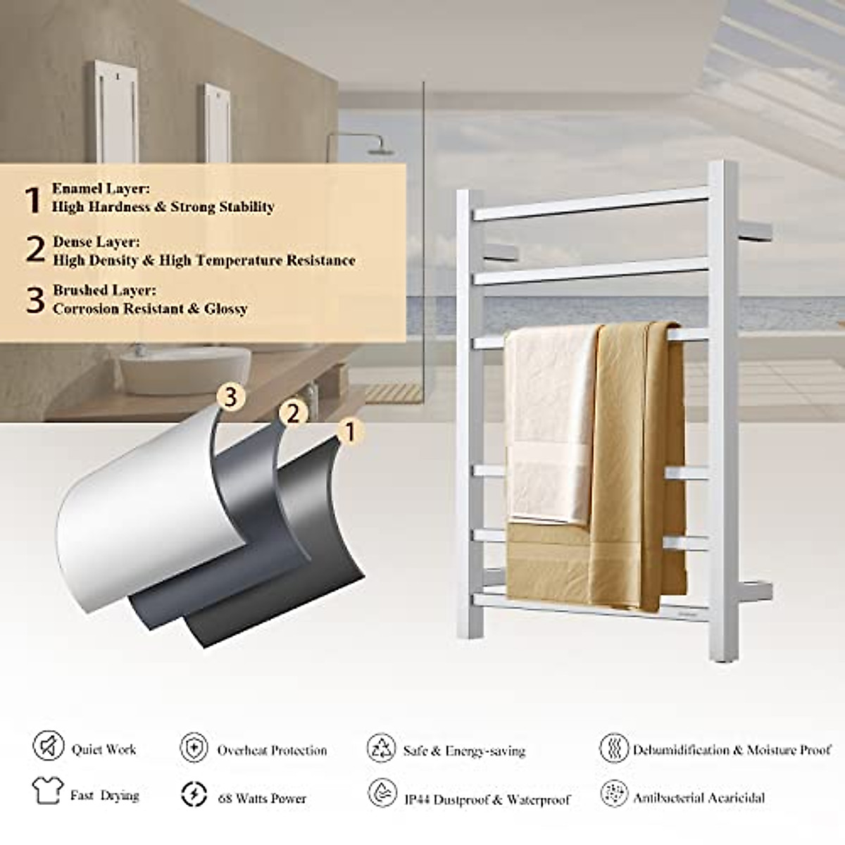 SHARNDY Towel Warmer Brushed Nickel for Bathroom Wall Mounted Bath Towel Heater Plug-in Electric Heated Towel Rack Stainless Steel Square 6 Bars Drying Rack ETW13C 68W 26.77x20.47x4.13 inches