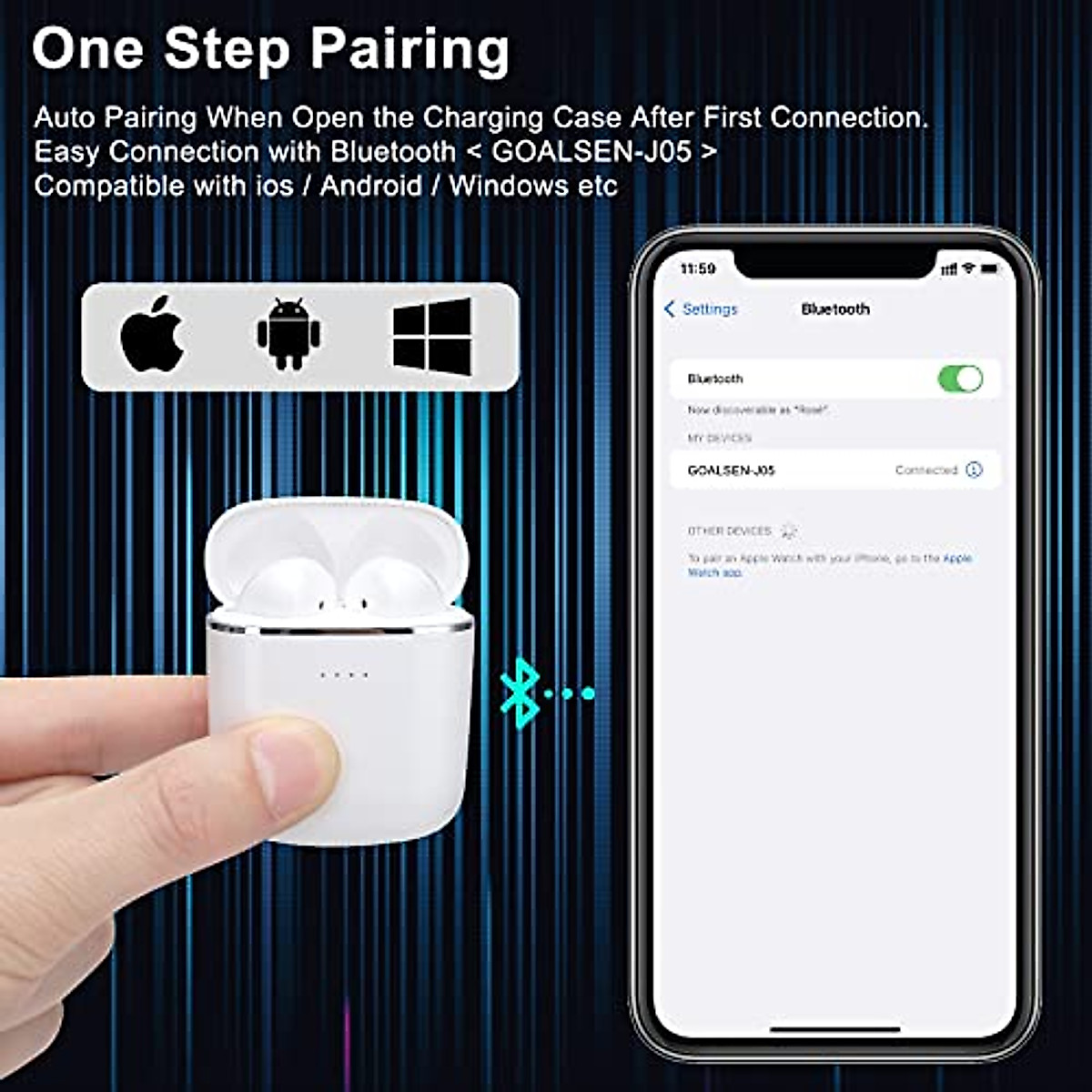 GOALSEN J-Series J05 HiFi Stereo Bluetooth Earbuds – Built-in 3 Sound Modes Touch Control Switch, HD Calls, Automatic Connection Dual Bluetooth Wireless Headphones Each Independent Use - White