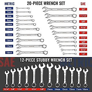 WORKPRO 32-Piece SAE & Metric Combination Wrench Set, 12 PT Regular and Stubby Wrenches set with Organizer Tray, Cr-V Steel Mirror Chrome Polished