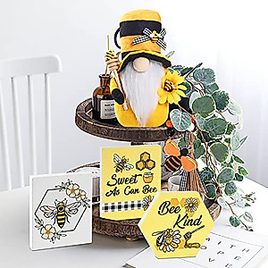 5 pcs Honey Bee Gnome Tiered Tray decor (Tray Not Included) - Bumble Bee Gnome Plush, Bee World Day Wooden Sign, Bee Wooden bead garland ,for Spring and Summer kitchen table decor