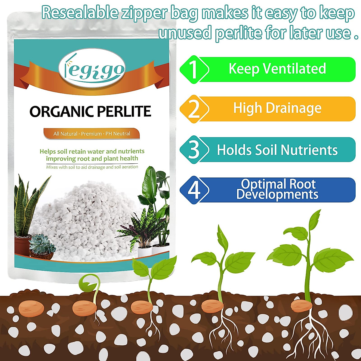 Legigo 2 Quarts Organic Horticultural Perlite for Plants Indoor- Natural Horticultural Soil Additive Conditioner Mix for Improves Drainage, Ventilation and Root Growth