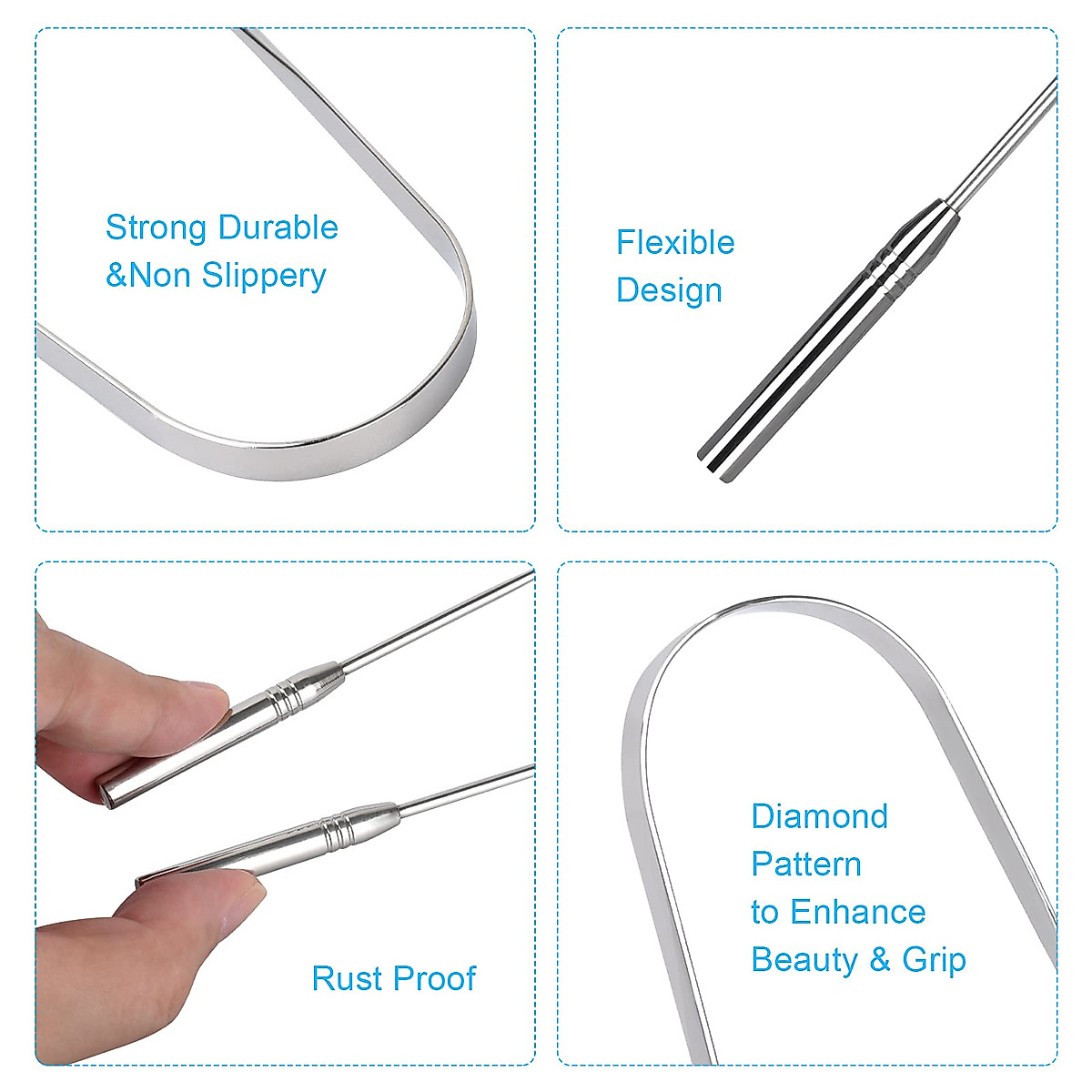 Tounge Scraper Cleaner, 2-Pack Stainless Steel Tongue Scarper Silver - Tongue Cleaner for Adults, Kids, Men & Women - Cure Bad Breath with BPA-Free Metal Tongue Scrapers for Better Dental Hygiene