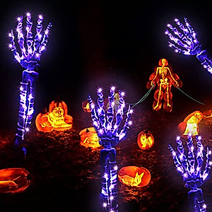 LitHome Lighted Skeleton Hands Halloween Stake Lights Outdoor, 8 Lighting Modes Purple String Lights Light Up Skull Hand Spooky Halloween Garden Stake for Pathway Walkway Garden Party