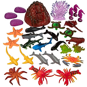 Ocean Sea Creature Action Figures - 30 Pieces, 18 Unique Sculpts- Giant Ocean Animal Playset Includes Turtles, Lobsters, Sharks & More - Great Sandbox Toy, Beach Toy, Tub Toy, & Party Decoration