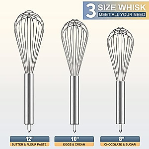 Ouddy Stainless Steel Whisk Set 8"+10"+12", Kitchen Whisk Balloon Whisks for Cooking Egg Beater Wire Wisk Wisking Tool for Blending Whisking Beating Stirring Baking