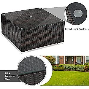 Tangkula 5 Piece Outdoor Patio Furniture Set, Sturdy Frame and Cushioned Sofa Ottoman, 2 Cushion Cover Sets, Wicker Sectional Sofa Set with Glass Top Coffee Table for Porch Garden (Turquoise & Black)