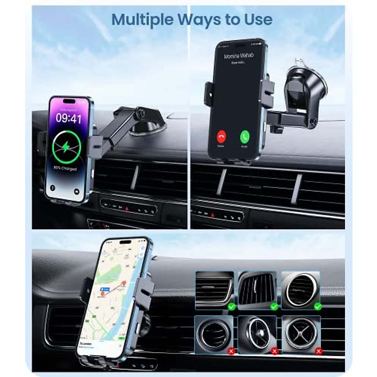 Wireless Car Charger, MOKPR 3 in1 Long arm Car Mount, 15W Auto Clamping Car Charger Dash Windshield Air Vent Phone Holder Compatible with iPhone 15/14/13/13 Pro/12 pro/12/11/X, Samsung S23/S22/S21,etc