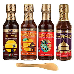 SPICE OF LIFE San-J Gluten Free Stir-Fry & Marinade Sauces, Teriyaki, Orange Sauce, Szechuan, and Thai Peanut - with Make Your Day 4-in-1 Measuring Spoon, 10 Fl Oz, Pack of 4