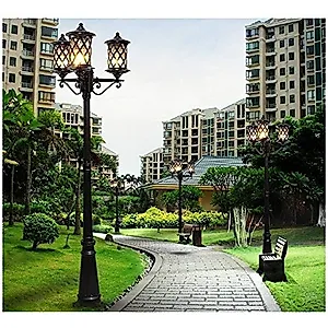 TQXDD Vintage 3-Heads Garage Landscape Street Light Outdoor Waterproof Courtyard Garden Pillar Lamp European Villa Home Retro Glass Post Lantern Aluminum High Pole Light Pathway