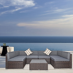 7 Piece Outdoor Patio Furniture Set with Cushions, PE Rattan Wicker Modular Outdoor Sectional L Shape Patio Conversation Sofa Set with Coffee Table, and Two Pillows (Dark Brown/Gray)