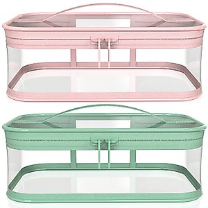 WANBAO 2 Pcs Transparent Makeup Bag Zipper Waterproof Portable Travel Storage Pouch, Pink Green