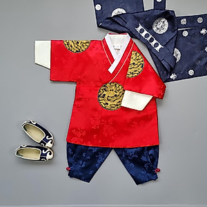 Korean Traditional Clothing Hanbok Boy Baby 100th Days First Birthday Dol Party Celebrations Red 1-10 Ages BDGH03 (100th days hanbok+hat)