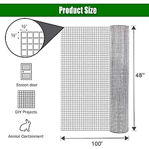 48'' x 100' 1/2inch Hardware Cloth Galvanized Welded Cage Wire, 19 Gauge Hardware Cloth Wire Metal mesh, Poultry Netting Square Chicken Snake Fencing Gopher Fence Racoons Rabbit Pen Gutter