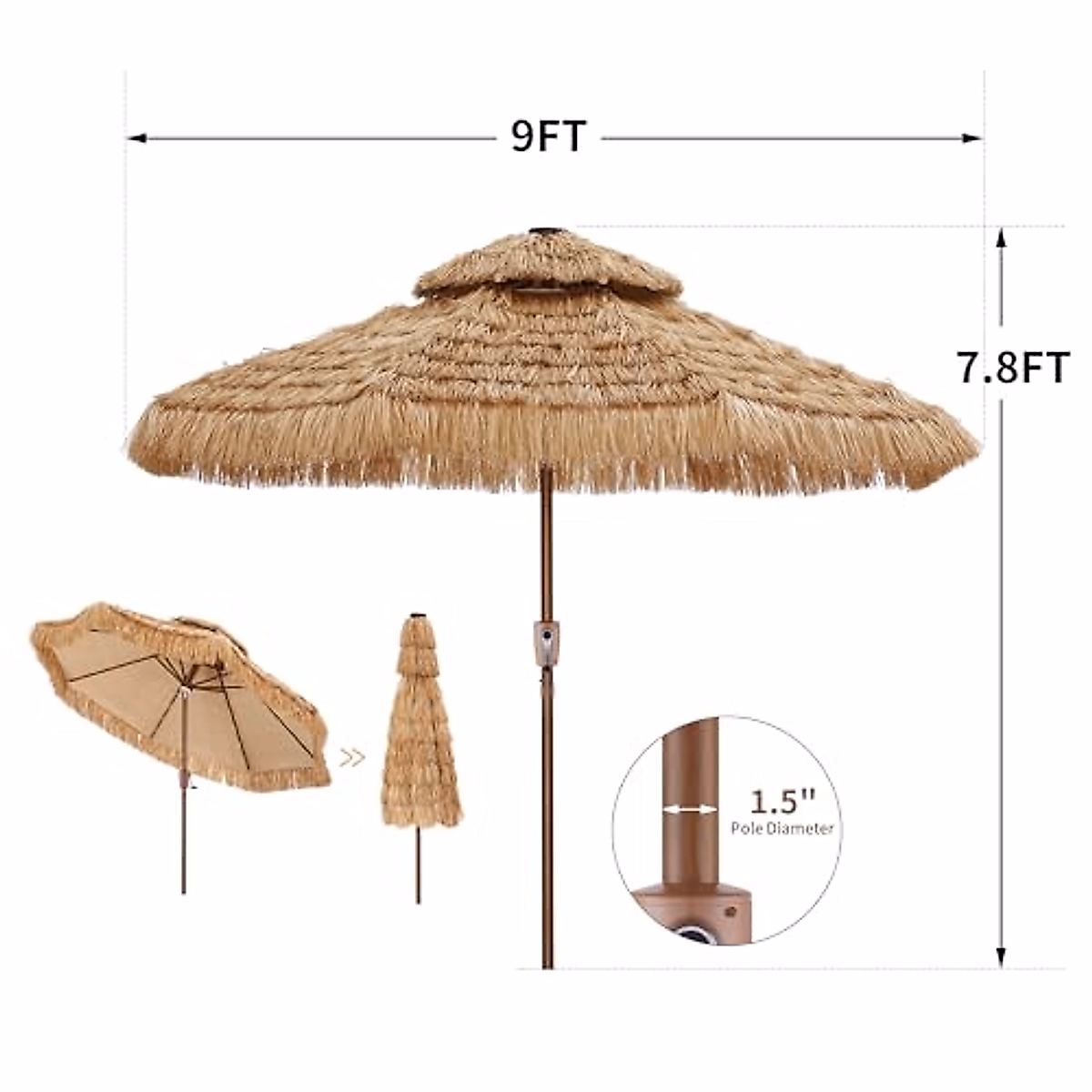 PUPZO 9 ft - Patio Umbrella, Tiki Thatched Outdoor Umbrella with Hawaiian Style Beach Umbrella with Center Light