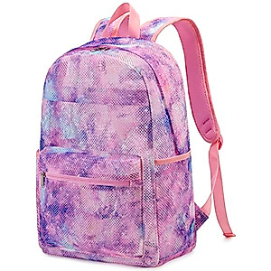 CAMTOP Mesh Backpack for Kids Girls Semi-Transparent See Through Sturdy School Bookbag Casual Daypack for Beach Swim Work Gym (Tie Dye Pink)