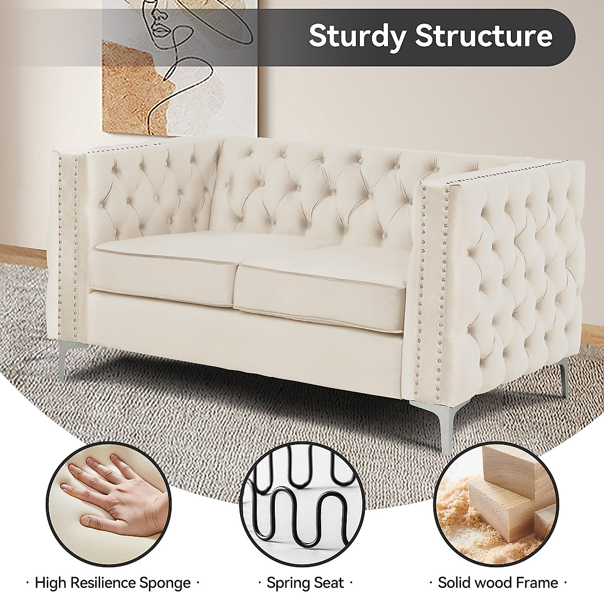 Morden Fort Loveseat Sofa, 61“Beige Mid-Century Couch with Button Tufted and Nailhead Trim and Iron Legs for Living Room, Apartroom, Bedroom, Office