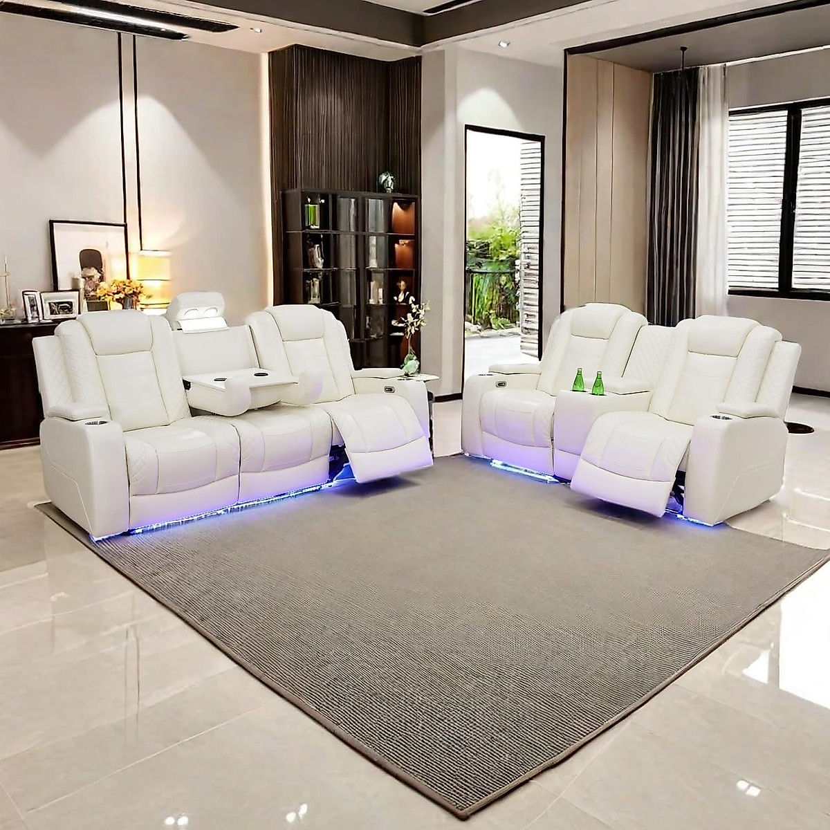 A Ainehome Power Leather Recliner Sofa Set with LED Lights, Recliner Sofa Sectional Couches for Living Room, Reclining Sofa and loveseat with USB Port/Storage Console(Creamy White,Sofa+loveseat)