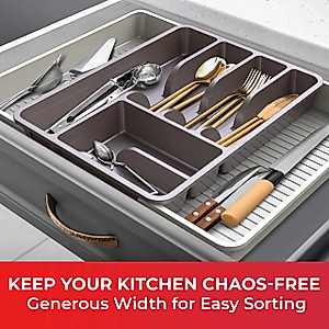 Mueller Large Flatware Kitchen Drawer Organizer, Expandable 19.7" x 15" Silverware Organizer, 6 Compartments, Heavy-Duty, Cutlery Tray for Utensils or Stuff, Dining Room, Living Room, Beige Mocha