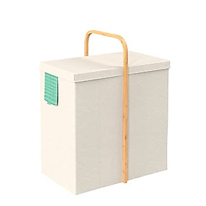ClosetMaid Laundry Hamper Basket, Foldable with Lid, Two Compartments, Bamboo Handle, Portable, Collapsible Design, Freestanding, Beige