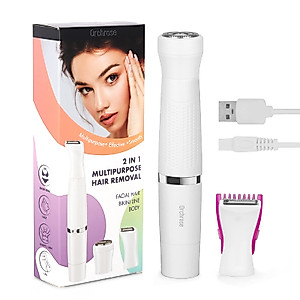Facial Hair Removal for Women, Bikini Trimmer for Women Pubic Hair, Painless 2 in 1 Hair Remover Rechargeable Body & Face Hair Shaver for Legs, Arms, Armpit, Peach Fuzz on Upper Lip and Chin (White)