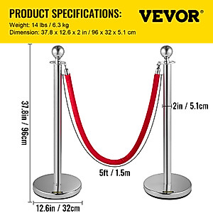 BestEquip 38 Inch Stanchion Posts Queue, Red Velvet Rope (3, Silver)