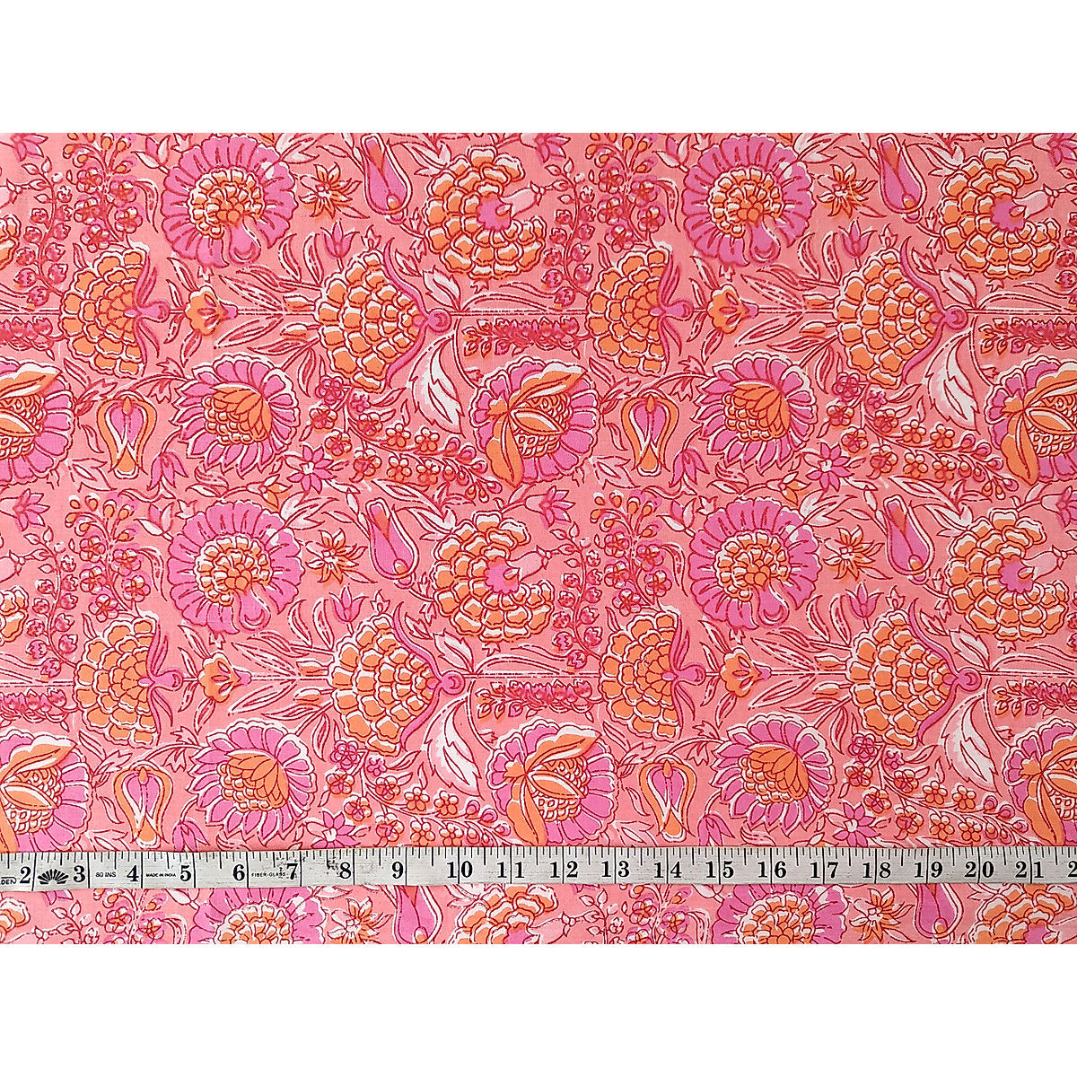 AVKA Studio Hand Block Print Fabric by The Yard - PRECUT 1 Yard 42 Inch Width - 100% Cotton Material - Pink Floral Pattern - Light Weight Indian Cloth for Making Summer Dress Tops Indian Fabric etc
