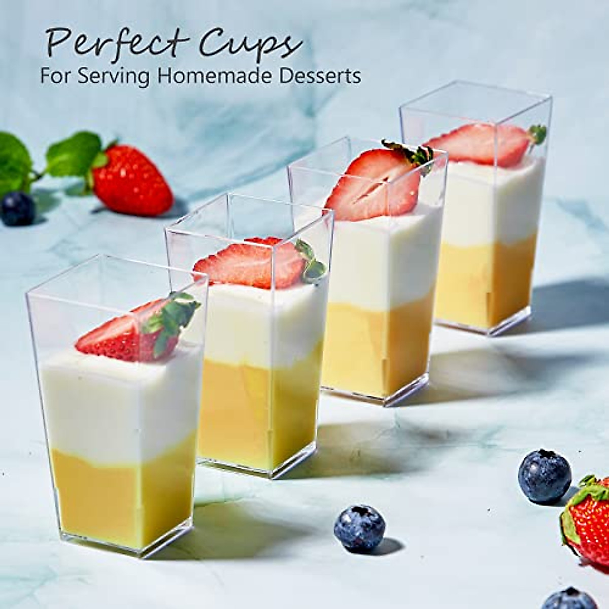 Zezzxu 50Pack 3oz Clear Plastic Dessert Cups with Spoons Mini Square Tall Tumbler Sample Cups for Serving Party Desserts, Appetizers, Fruit Parfait, Mousse, Pudding