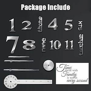 3D Wall Clock Frameless DIY Wall Clock, Big Clock with Quote Sticker for Living Room, Modern Decor for Home Bedroom Office Wall Decorations, Adjustable Size Max 47 Inch (Silver)