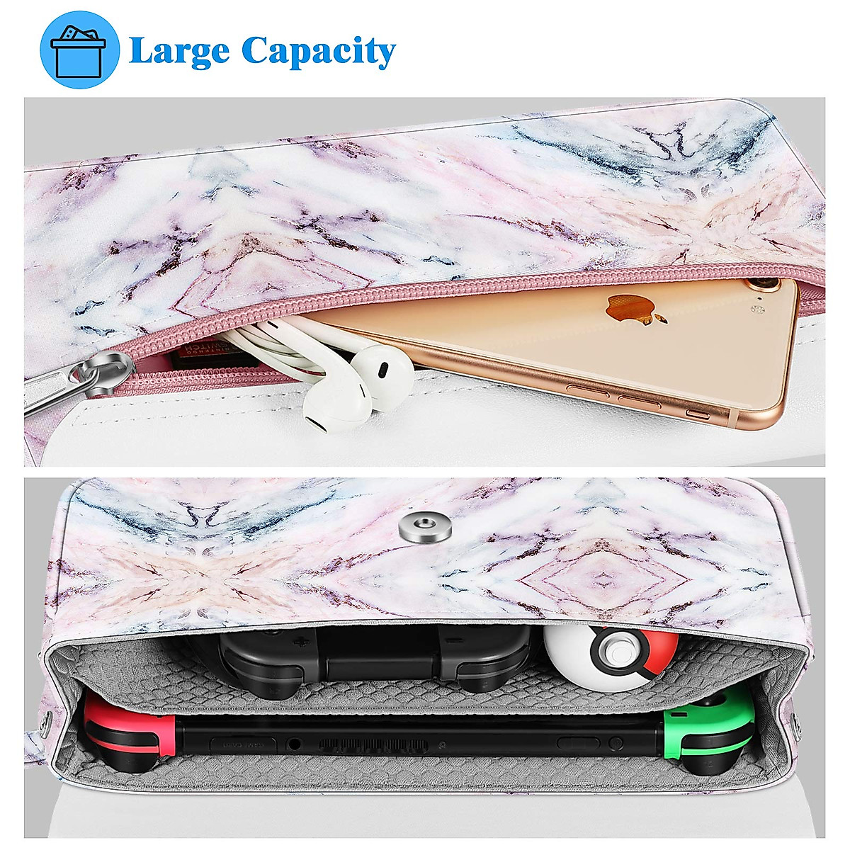 Fintie Carrying Case for Nintendo Switch OLED Model 7.0"/Switch 6.2" - Portable Travel Bag Protective Sleeve Pouch with Game Card Slots & Large Pocket for Switch and Accessories, Marble Pink