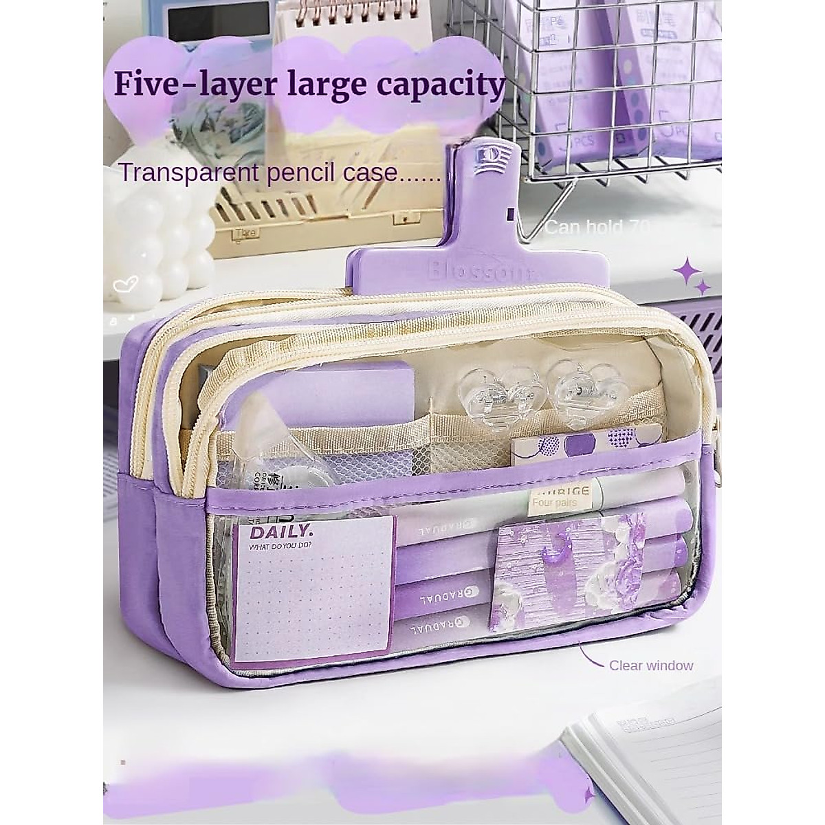 MILLEVIBE Kawaii ITA Pencil Pouch: Large Capacity Multi-Compartment Pen Case with Clear Window for Anime Display (Blue)